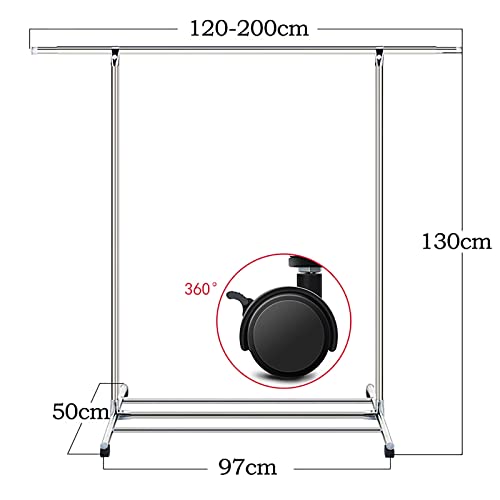 ZBYL Metal Clothes Rack Garment Wardrobe Rack, Mobile Free Standing Clothing Rolling Rack with Wheels, Portable Laundry Hanging Organizer Rack with Bottom, Retractable 120-200cm