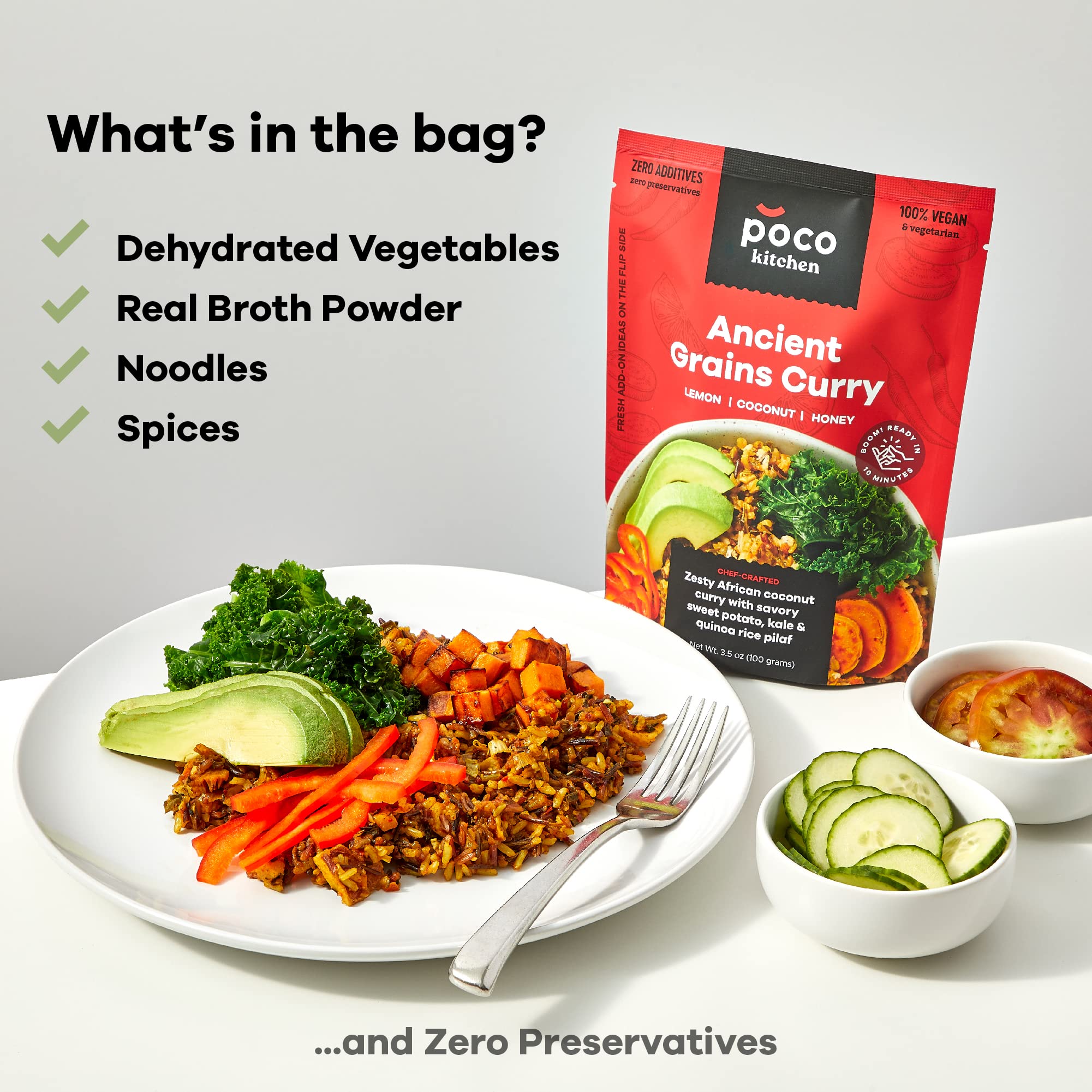 Poco Kitchen - Ancient Grains Coconut Curry, 3.5 oz (Pack of 1), Vegan, Vegetarian, 100% Real Food, No Preservatives, Shelf Stable, Quick Meal, Ready in 10 Minutes