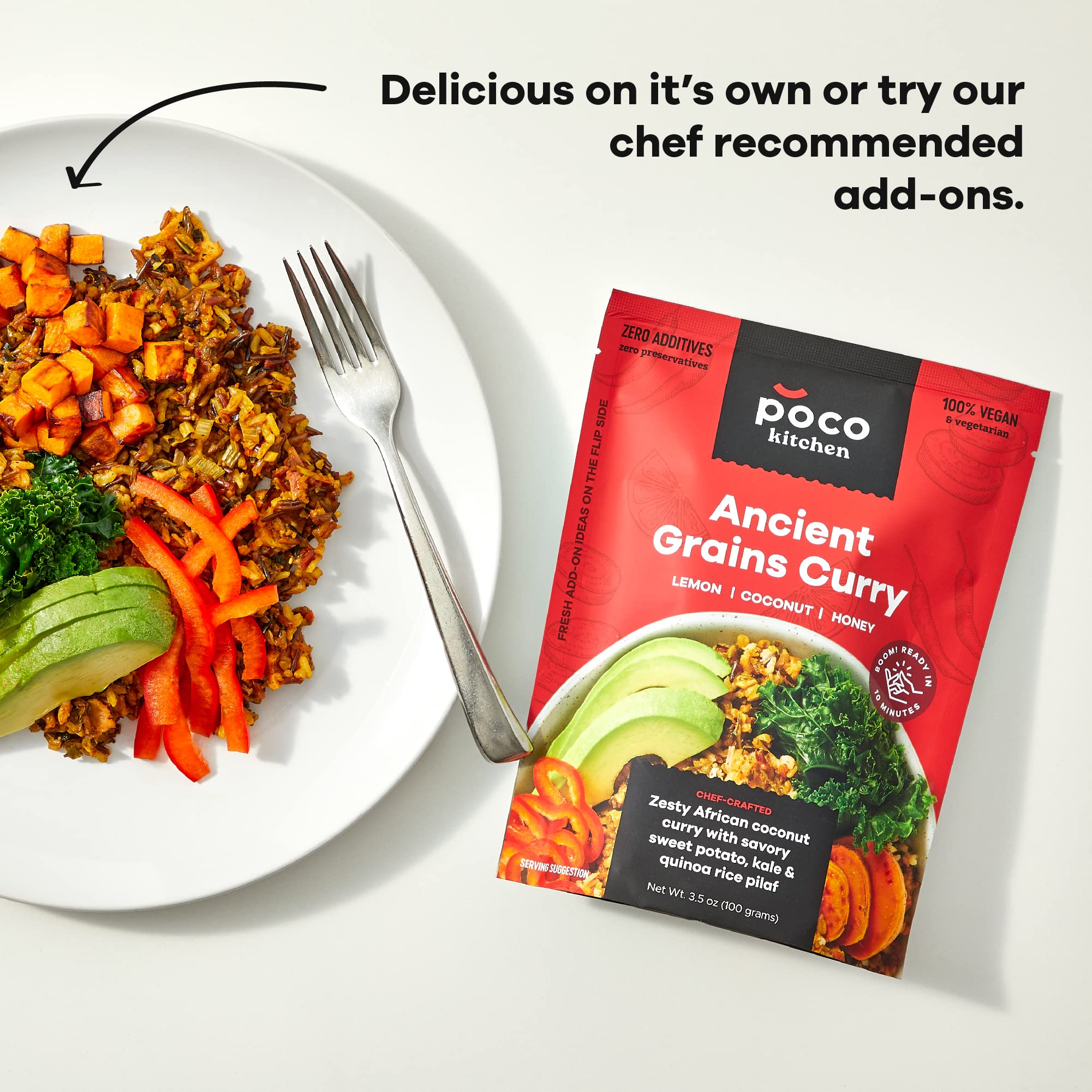 Poco Kitchen - Ancient Grains Coconut Curry, 3.5 oz (Pack of 1), Vegan, Vegetarian, 100% Real Food, No Preservatives, Shelf Stable, Quick Meal, Ready in 10 Minutes