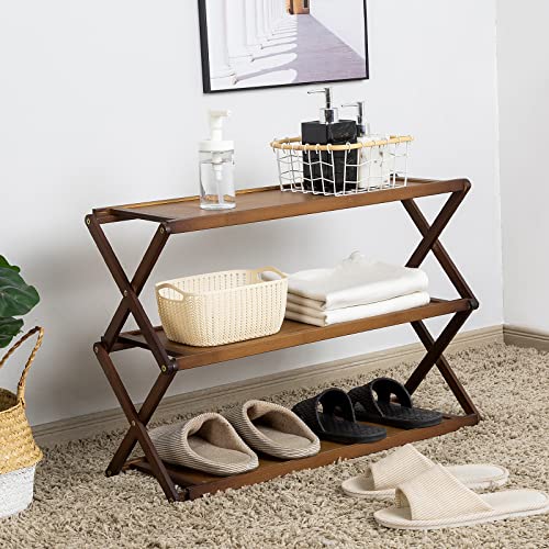 Small 3-Tier Shoe Rack for Closet & Entryway, Installation-free Foldable Bamboo Shoes Storage Organizer, Sturdy Free Standing Three Shelf Shoe Stand for 6-9 Pairs, Brown 20x17x9 Inches