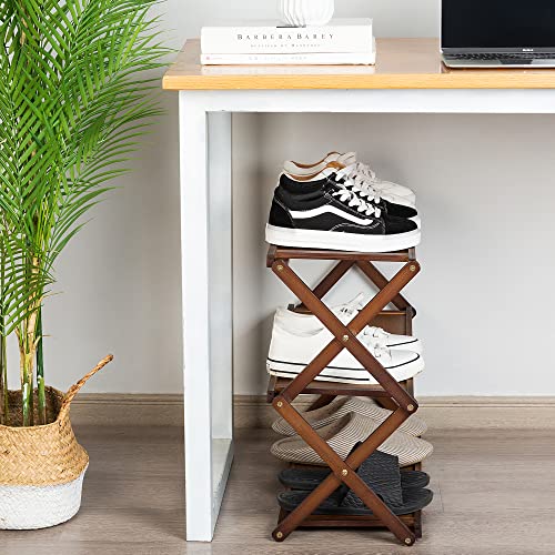 Small 3-Tier Shoe Rack for Closet & Entryway, Installation-free Foldable Bamboo Shoes Storage Organizer, Sturdy Free Standing Three Shelf Shoe Stand for 6-9 Pairs, Brown 20x17x9 Inches