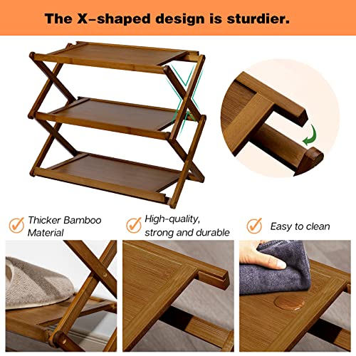 Small 3-Tier Shoe Rack for Closet & Entryway, Installation-free Foldable Bamboo Shoes Storage Organizer, Sturdy Free Standing Three Shelf Shoe Stand for 6-9 Pairs, Brown 20x17x9 Inches