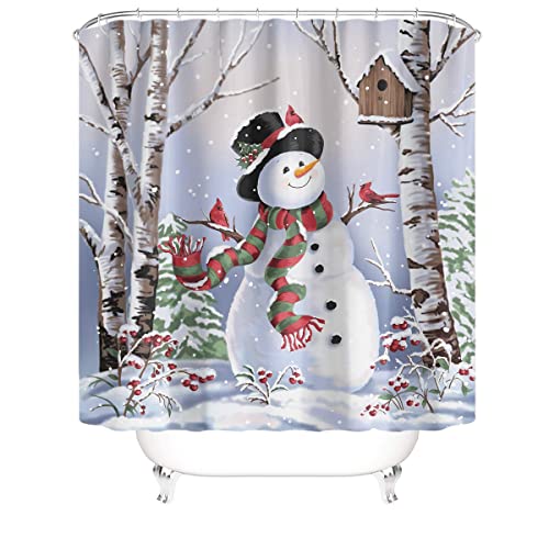 MrLYouth Christmas Bathroom Sets Snowman Shower Curtain with Contour Mat,Toilet Lid Cover,Accessories with 12 Plastic Hooks 4 Pieces Waterproof Fabric Bath Sets