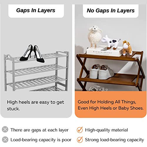 Small 3-Tier Shoe Rack for Closet & Entryway, Installation-free Foldable Bamboo Shoes Storage Organizer, Sturdy Free Standing Three Shelf Shoe Stand for 6-9 Pairs, Brown 20x17x9 Inches