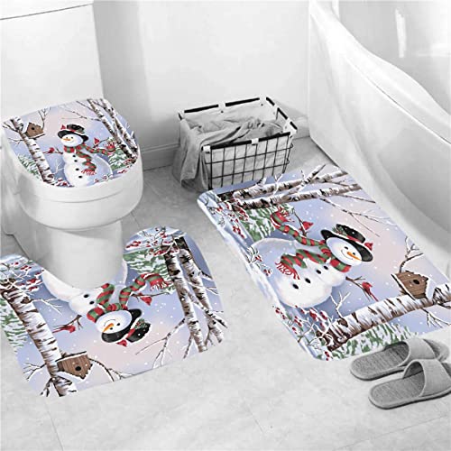 MrLYouth Christmas Bathroom Sets Snowman Shower Curtain with Contour Mat,Toilet Lid Cover,Accessories with 12 Plastic Hooks 4 Pieces Waterproof Fabric Bath Sets
