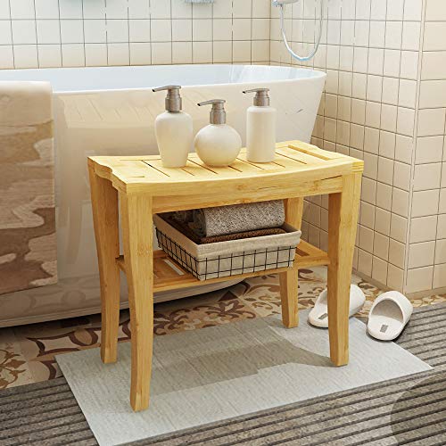 SDHYL Bamboo Bathroom Spa Shower Bench Foot Stool Bathing Seat with Storage Shelf,S7-KS-HSJ-04-US-N