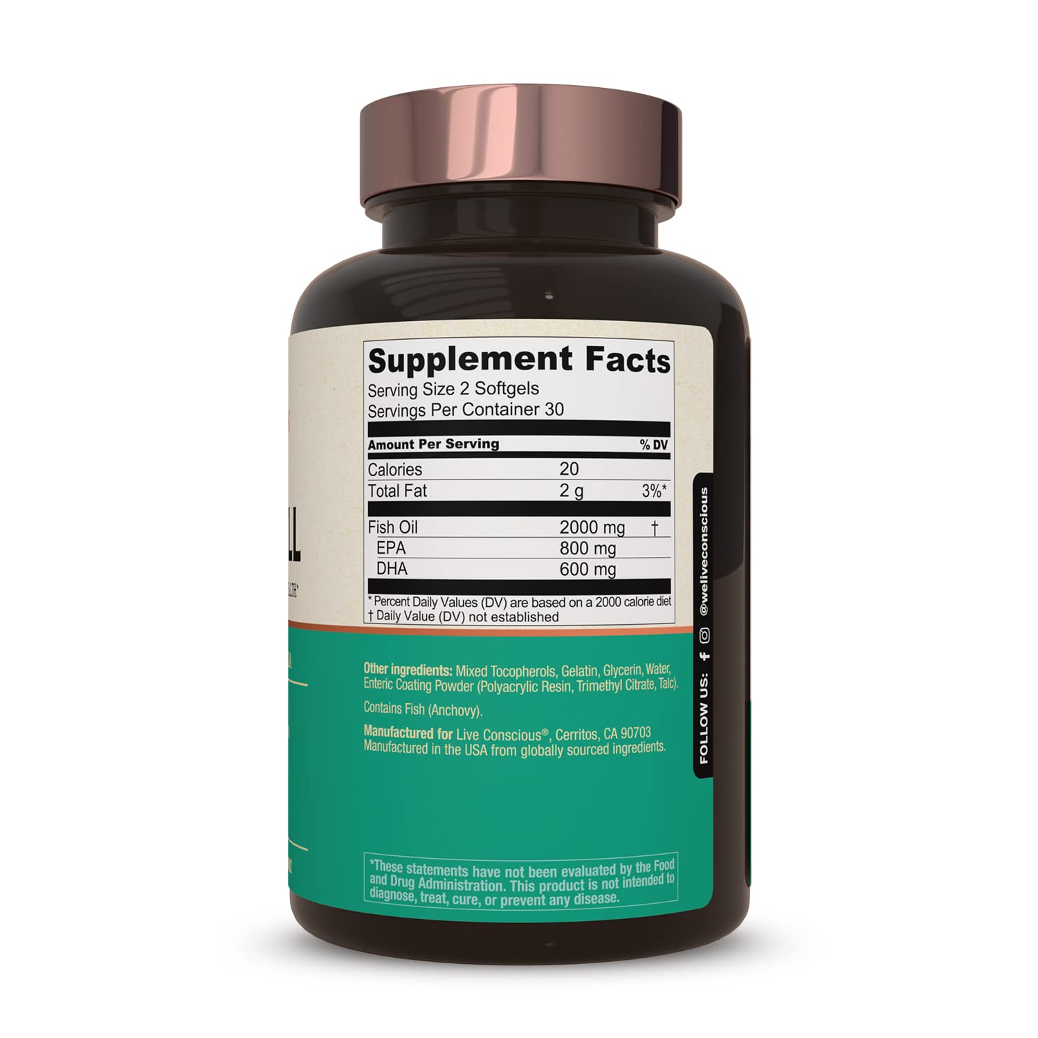 Live Conscious OmegaWell Fish Oil: Heart, Brain, and Joint Support | 800 mg EPA 600 mg DHA - Enteric-Coated, Sustainably Sourced - Easy to Swallow 120 Count (2-Pack)