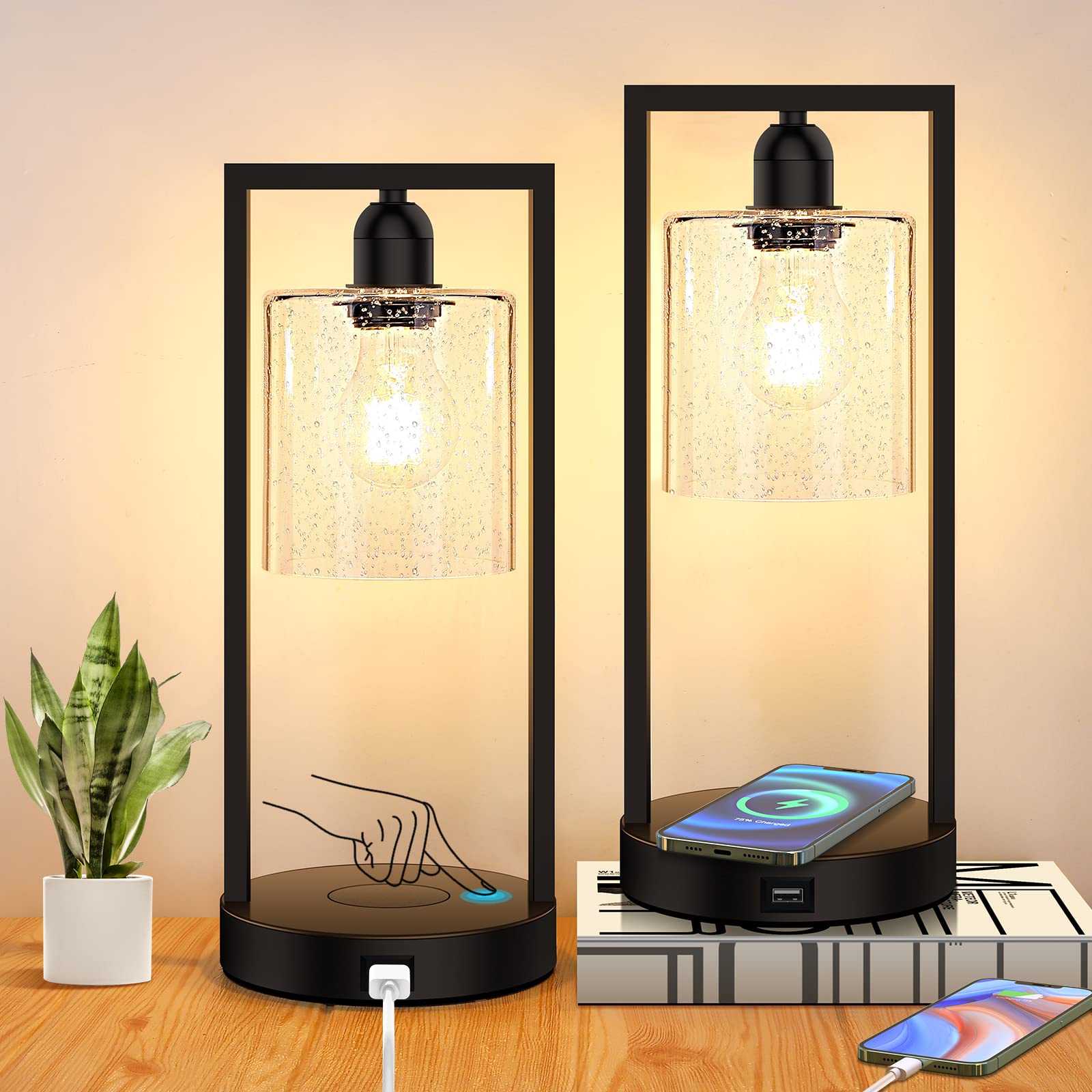 Wireless Charging Touch Control Table Lamp Set of 2, Dimmable Bedside Nightstand Lamps with USB Port, Industrial Desk Lamps for Bedroom Living Room Office Seeded Glass Shade, Bulbs Included