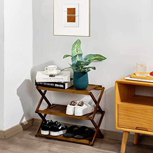 Small 3-Tier Shoe Rack for Closet & Entryway, Installation-free Foldable Bamboo Shoes Storage Organizer, Sturdy Free Standing Three Shelf Shoe Stand for 6-9 Pairs, Brown 20x17x9 Inches