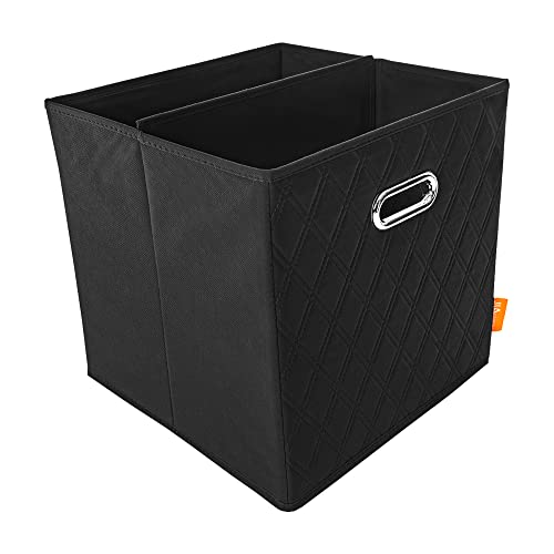 JIAessentials Large 13-inch Black Foldable Diamond Patterned Faux Leather Storage Cube Bins Set of Four with Handles with Dual Handles for living room, bedroom and office storage