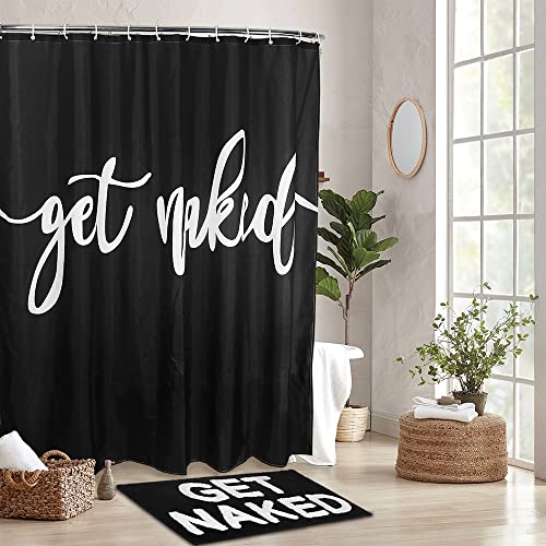 Zeeinx Get Naked Bathroom Shower Curtain Sets with Rugs Non Slip Absorbent Get Naked Bath Rugs Funny Bathroom Decor Shower Curtain Sets with 12 Hooks,72" x 72" Black