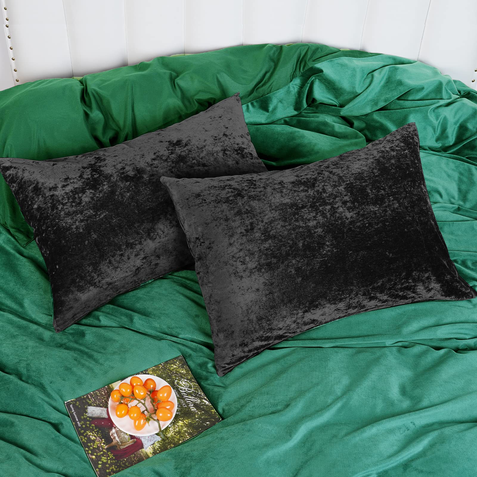 PHF Truly Velvet Pillowcases Standard Size, No Insert, 2 Pack Ultra Soft Breathable Pillow Shams Covers with Envelope Closure, 20" X 26" Luxury Cozy Warm Fuzzy Flannel, Black