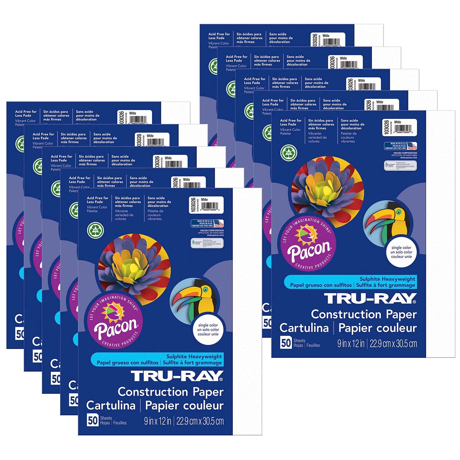 Tru-RayĀ® Construction Paper, White, 9" x 12", 50 Sheets Per Pack, 10 Packs