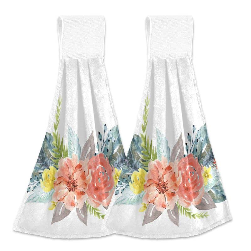 KOCOART Watercolor Boho Rose Flower Kitchen Towels Vintage Floral Leaves Bathroom Hand Towel Hanging Tie Towel with Loop 2PCS Soft Absorbent Dish Cloth Fingertip Towel for Oven Stove Handle Tabletop