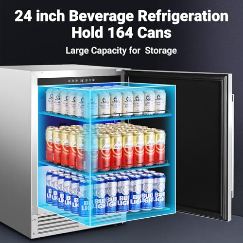 BODEGA 24 Inch Undercounter Outdoor Beverage Cooler Fridge with Stainless Steel Seamless Door,Hold 164 Cans w/Powerful Cooling Compressor for Patio Kitchen,Outdoor