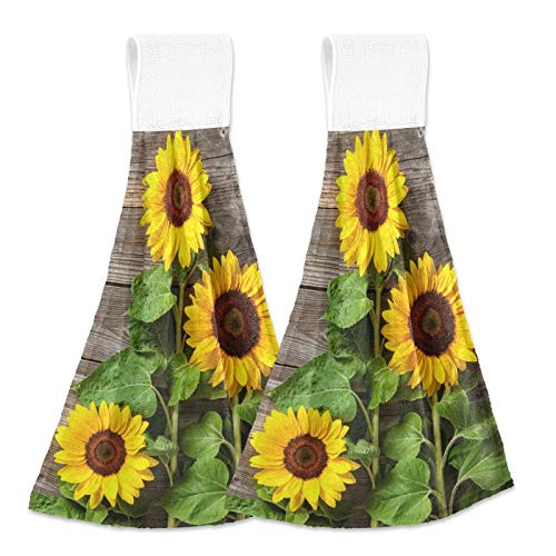 Vintage Sunflowers Kitchen Towels Sets Summer Wood Board Hanging Hand Towel Dish Towel with Loop 2PCS, Soft Super Absorbent Dishcloths Fingertip Towel for Bathroom Washroom Guestroom Hotel 12x17 In