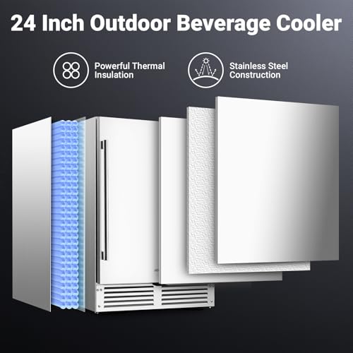 BODEGA 24 Inch Undercounter Outdoor Beverage Cooler Fridge with Stainless Steel Seamless Door,Hold 164 Cans w/Powerful Cooling Compressor for Patio Kitchen,Outdoor