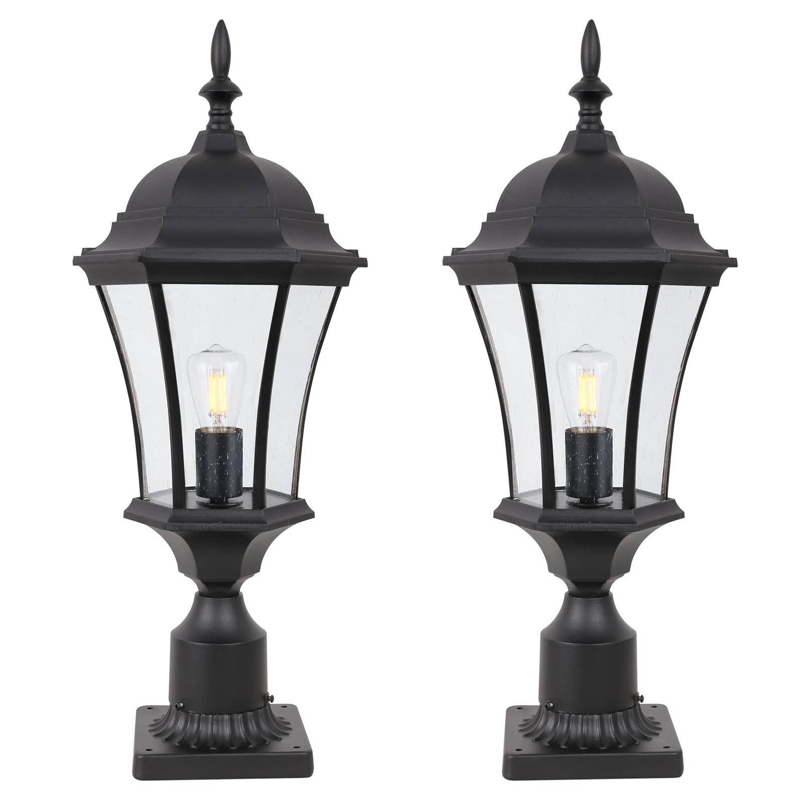 GOALPLUS 24" Aluminum Outdoor Post Light with 3" Fitter Base for Post Pole Mount, 2 Pack Black Exterior Pole Lantern Lights with Seeded Glass, Large Outside Post Lamp for Yard Garden