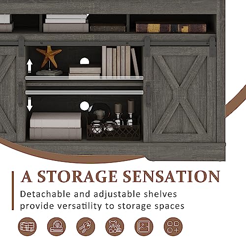 windaze Farmhouse 65 inch TV Stand, Entertainment Center with Sliding Barn Doors, Dark Grey