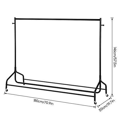 Cocoarm Clothes Garment Rack with Wheels, Heavy Duty Metal Rolling Clothes Rack with Hooks and Bottom Shelves for Bags Boxes Shoes, Freestanding Hanging Garment Rack for Bedroom, 70.9x 19.7x57.5in