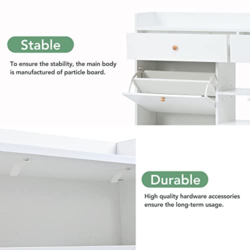 P PURLOVE Modern Entryway Shoe Storage Cabinet with 4 Flip Drawers,Multifunctional 2-Tier Shoe Storage Organizer with Drawers,Free Standing Narrow Shoe Rack for Entrance Hallway,White