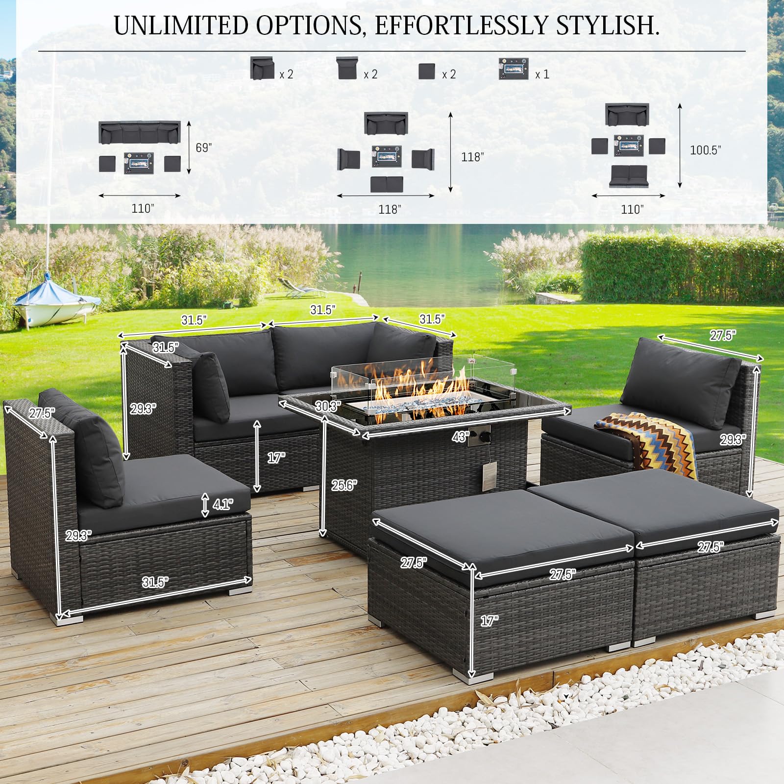 BULEXYARD Grey PE Wicker Patio Furniture Sectional Conversation Sofa Set with 43" Propane/Natural Gas Fire Pit Table, Large Size High Back Outdoor Furniture Set with Fireplace(7Pcs, Dark Grey)