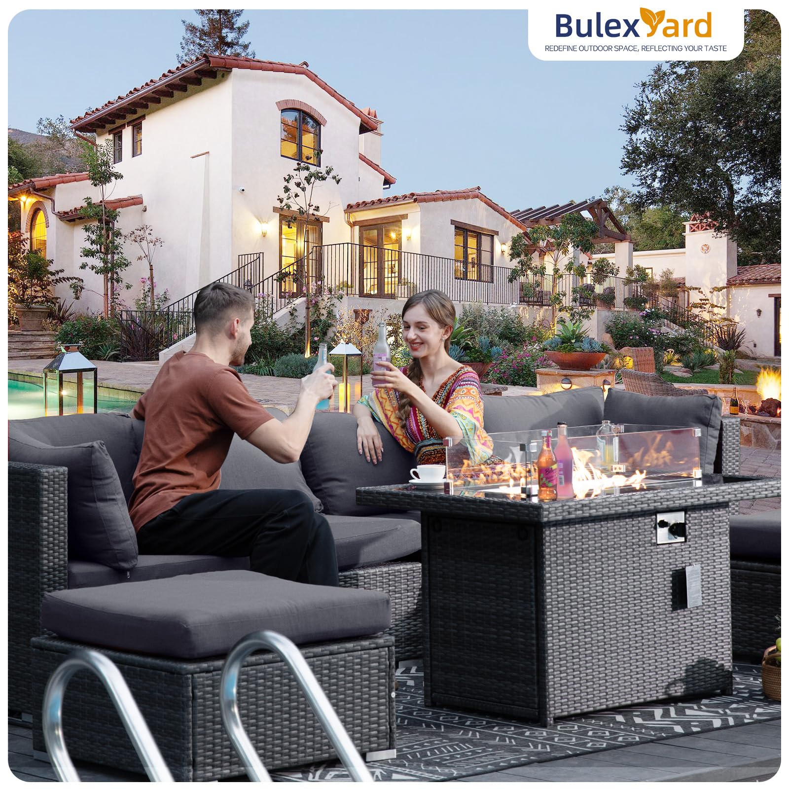 BULEXYARD Grey PE Wicker Patio Furniture Sectional Conversation Sofa Set with 43" Propane/Natural Gas Fire Pit Table, Large Size High Back Outdoor Furniture Set with Fireplace(7Pcs, Dark Grey)