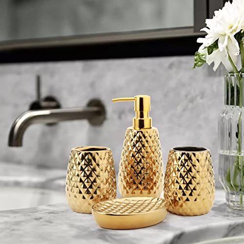 Ceramic Bathroom Accessories Set 4 Piece Contain Toothbrush Holder, Tumbler, Soap Dispenser, Soap Dish, Accessories para baño for Restroom Apartment Bathroom Decor Stuff and Gift Set (Gold)