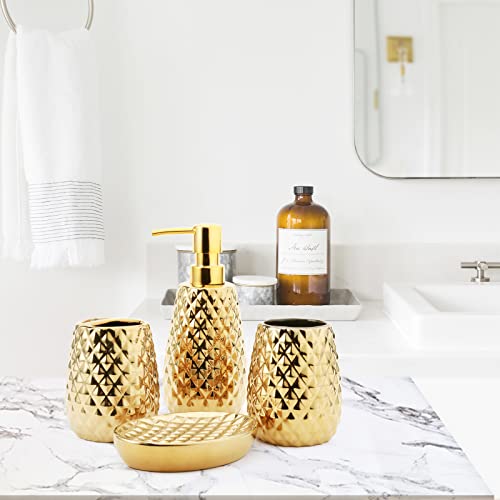 Ceramic Bathroom Accessories Set 4 Piece Contain Toothbrush Holder, Tumbler, Soap Dispenser, Soap Dish, Accessories para baño for Restroom Apartment Bathroom Decor Stuff and Gift Set (Gold)