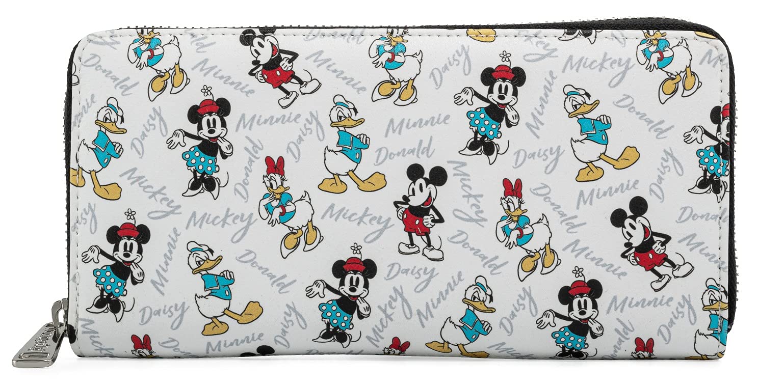 Loungefly Disney Wallet Mickey Minnie Mouse Daisy Donald Duck Zip Clutch White Saffiano Faux Leather