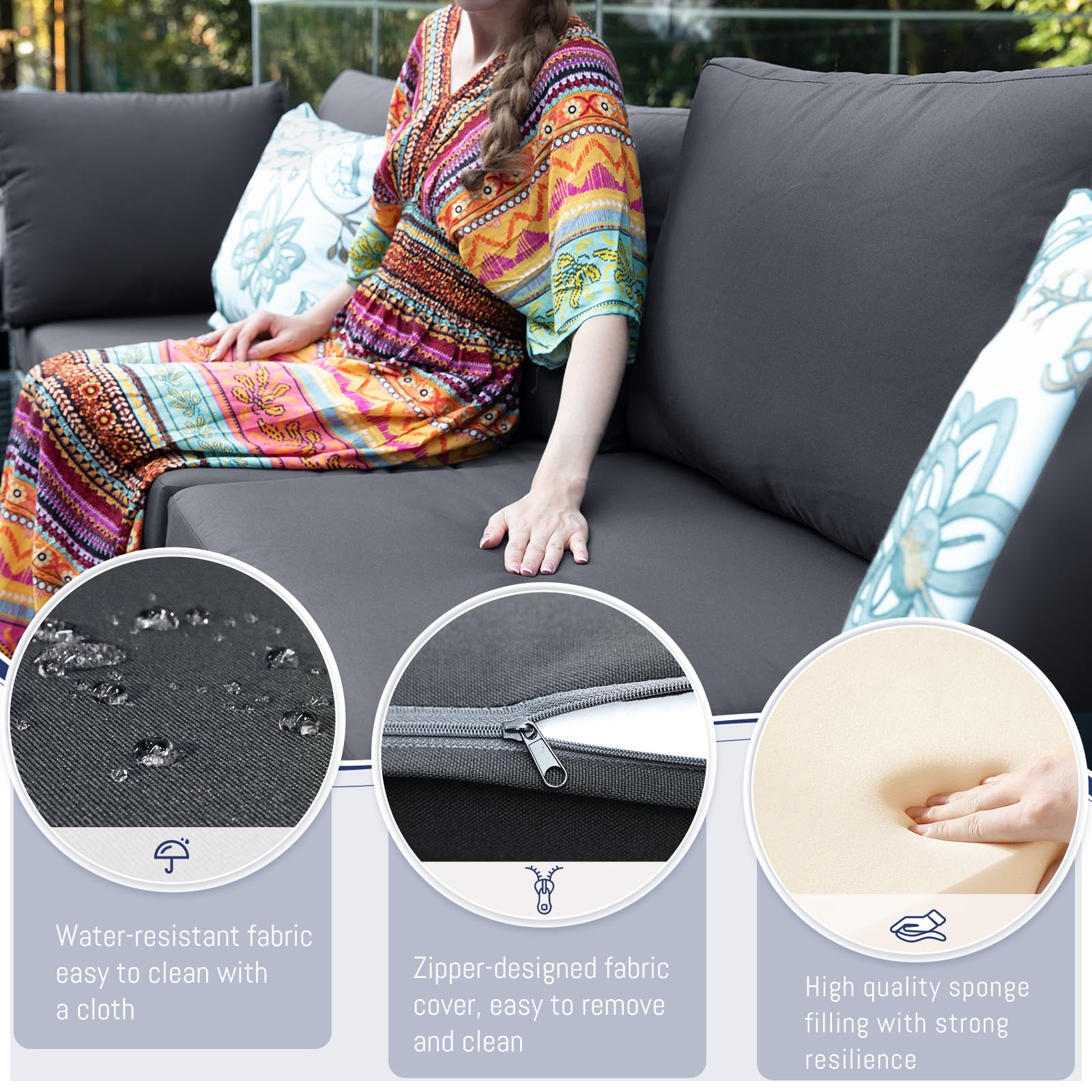 BULEXYARD Grey PE Wicker Patio Furniture Sectional Conversation Sofa Set with 43" Propane/Natural Gas Fire Pit Table, Large Size High Back Outdoor Furniture Set with Fireplace(7Pcs, Dark Grey)
