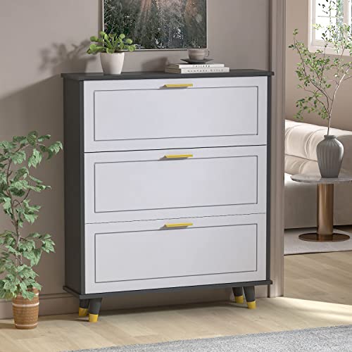 FAMAPY Entryway Shoe Storage Cabinet with 3 Flip Drawers, Wood Shoe Organizer for Entryway with Legs, Gold Handles, for Hallway Grey (35.4”W x 9.4”D x 47.2”H)