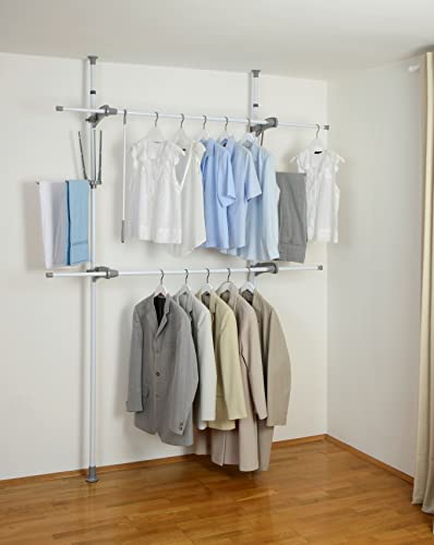 WENKO Herkules Flex Garment Rack, Rail, Adjustable, Tension Rod, Heavy Duty, for Hanging Clothes, Storage, Organizer, with Shelves, 14.2 x 74.8 x 118.1 inch, White