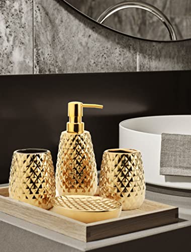 Ceramic Bathroom Accessories Set 4 Piece Contain Toothbrush Holder, Tumbler, Soap Dispenser, Soap Dish, Accessories para baño for Restroom Apartment Bathroom Decor Stuff and Gift Set (Gold)