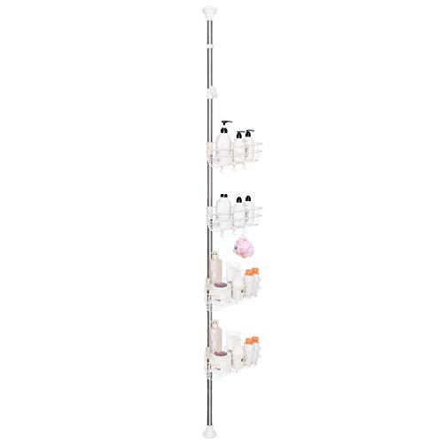 BAOYOUNI 4 Tier Shower Caddy Tension Pole Corner Bathroom Organizer Shelf Shampoo Holder Basket Bathtub Storage Rack Floor to Ceiling Adjustable Stand Space Saver - No Drilling - White