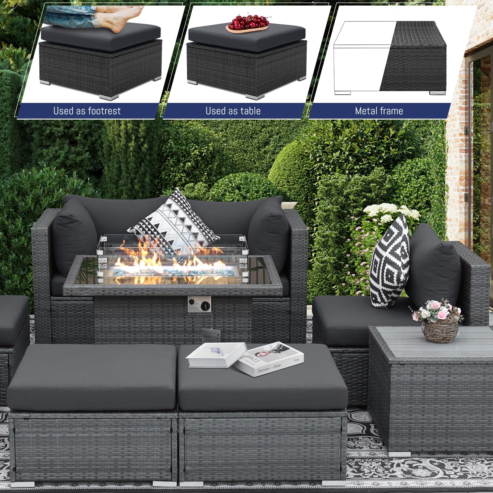 BULEXYARD Grey PE Wicker Patio Furniture Sectional Conversation Sofa Set with 43" Propane/Natural Gas Fire Pit Table, Large Size High Back Outdoor Furniture Set with Fireplace(7Pcs, Dark Grey)