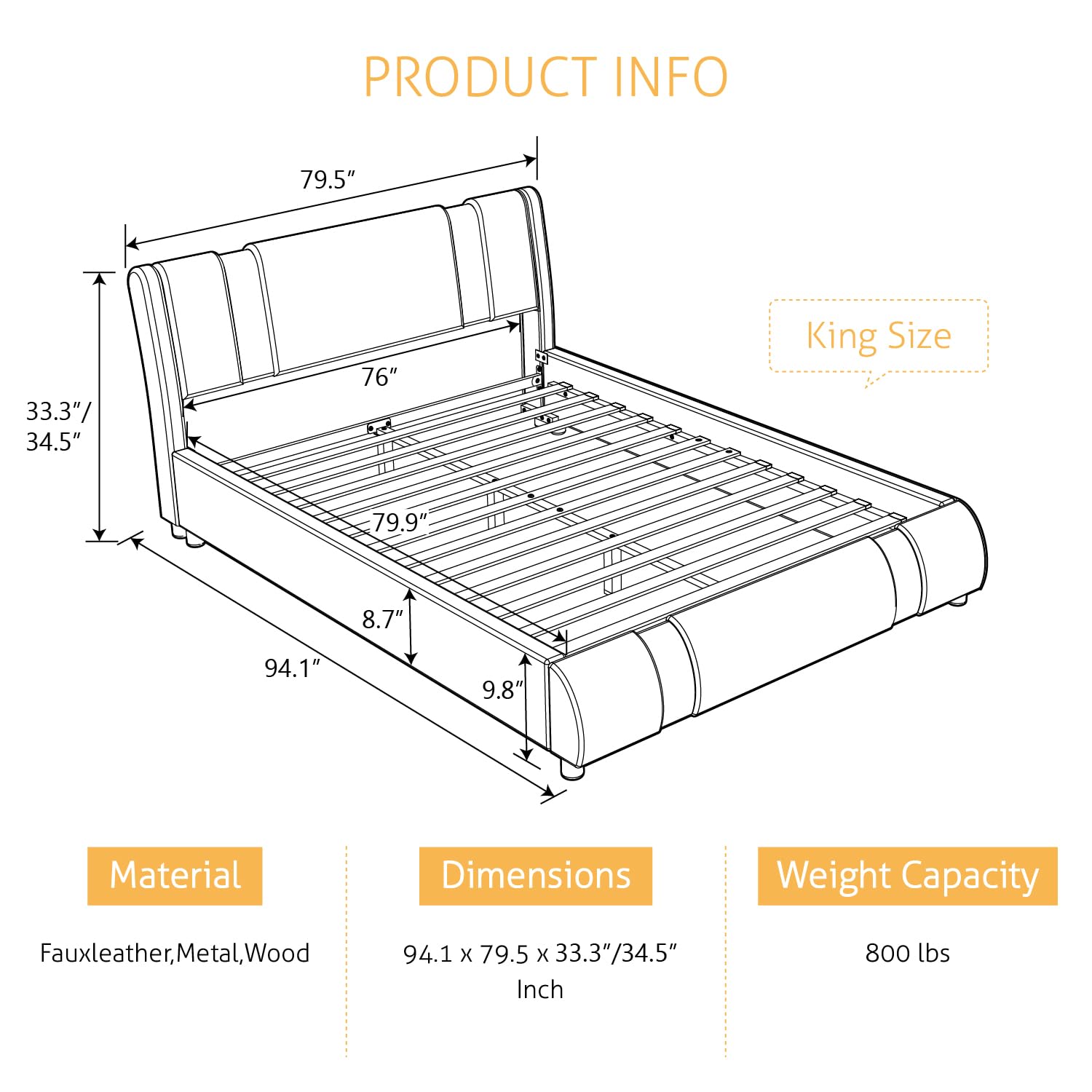 SHA CERLIN King Size Bed Frame with Iron Pieces Decor and Adjustable Headboard/Deluxe Upholstered Modern Platform Bed with Solid Wooden Slats Support/No Box Spring Needed, Black