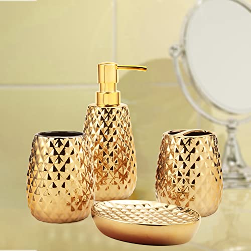 Ceramic Bathroom Accessories Set 4 Piece Contain Toothbrush Holder, Tumbler, Soap Dispenser, Soap Dish, Accessories para baño for Restroom Apartment Bathroom Decor Stuff and Gift Set (Gold)