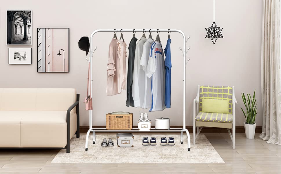 HILI Clothing Garment Rack with Wheels, Metal Clothes Stand Rack with Shoe Storage Rod, Sturdy Steel Frame Coat Rack for Indoor, Laundry, Bedroom(White)