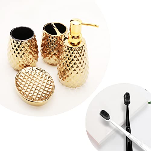 Ceramic Bathroom Accessories Set 4 Piece Contain Toothbrush Holder, Tumbler, Soap Dispenser, Soap Dish, Accessories para baño for Restroom Apartment Bathroom Decor Stuff and Gift Set (Gold)