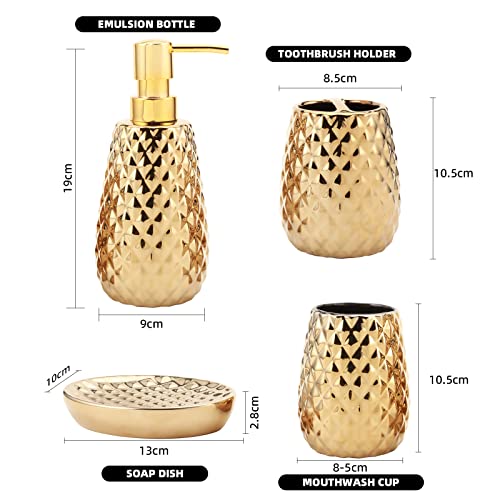 Ceramic Bathroom Accessories Set 4 Piece Contain Toothbrush Holder, Tumbler, Soap Dispenser, Soap Dish, Accessories para baño for Restroom Apartment Bathroom Decor Stuff and Gift Set (Gold)