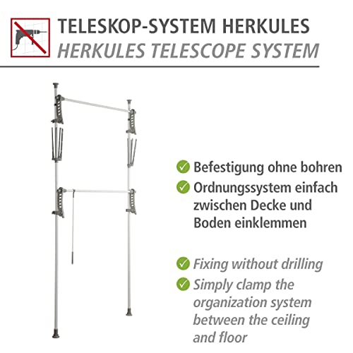 WENKO Herkules Flex Garment Rack, Rail, Adjustable, Tension Rod, Heavy Duty, for Hanging Clothes, Storage, Organizer, with Shelves, 14.2 x 74.8 x 118.1 inch, White