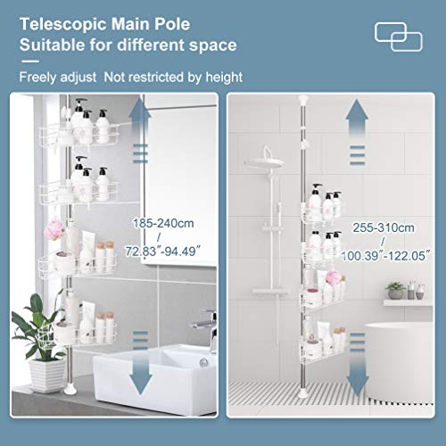 BAOYOUNI 4 Tier Shower Caddy Tension Pole Corner Bathroom Organizer Shelf Shampoo Holder Basket Bathtub Storage Rack Floor to Ceiling Adjustable Stand Space Saver - No Drilling - White