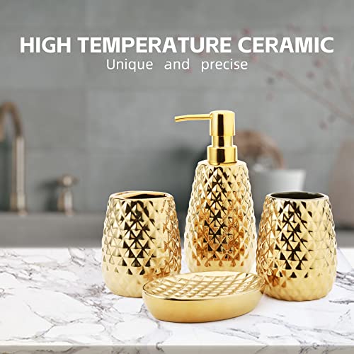 Ceramic Bathroom Accessories Set 4 Piece Contain Toothbrush Holder, Tumbler, Soap Dispenser, Soap Dish, Accessories para baño for Restroom Apartment Bathroom Decor Stuff and Gift Set (Gold)