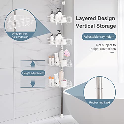 BAOYOUNI 4 Tier Shower Caddy Tension Pole Corner Bathroom Organizer Shelf Shampoo Holder Basket Bathtub Storage Rack Floor to Ceiling Adjustable Stand Space Saver - No Drilling - White