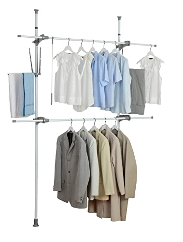 WENKO Herkules Flex Garment Rack, Rail, Adjustable, Tension Rod, Heavy Duty, for Hanging Clothes, Storage, Organizer, with Shelves, 14.2 x 74.8 x 118.1 inch, White