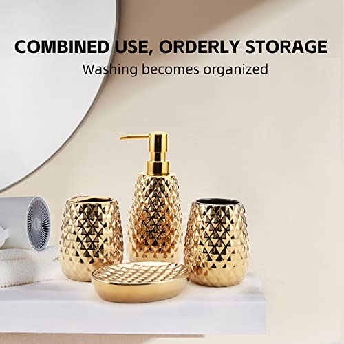 Ceramic Bathroom Accessories Set 4 Piece Contain Toothbrush Holder, Tumbler, Soap Dispenser, Soap Dish, Accessories para baño for Restroom Apartment Bathroom Decor Stuff and Gift Set (Gold)