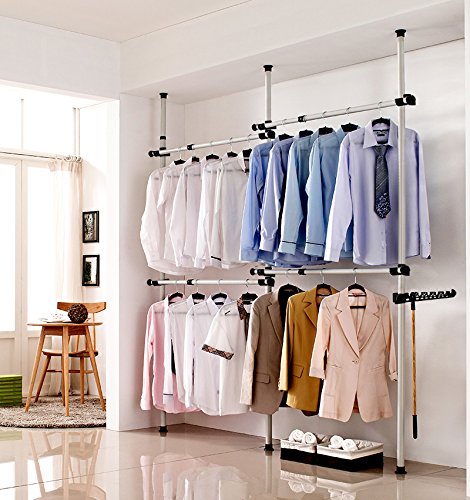 Portable Garment Rack, Adjustable Heavy Duty DIY Clothes Wardrobe Clothing Rack Metal Clothes Closet Storage Origanizer for Clothes Jacket Shirt Long Dress, 3 Poles 4 Bars