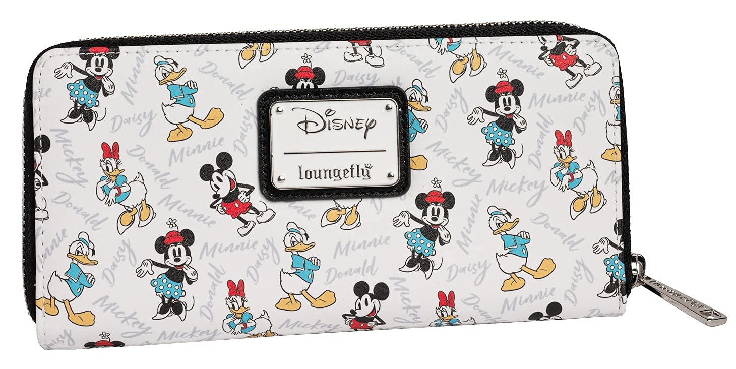 Loungefly Disney Wallet Mickey Minnie Mouse Daisy Donald Duck Zip Clutch White Saffiano Faux Leather