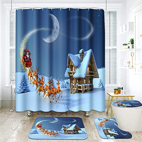 ArtSocket 4 Pcs Shower Curtain Set Christmas Night Scene Santa Claus with Non-Slip Rugs Toilet Lid Cover and Bath Mat Bathroom Decor Set 72" x 72"